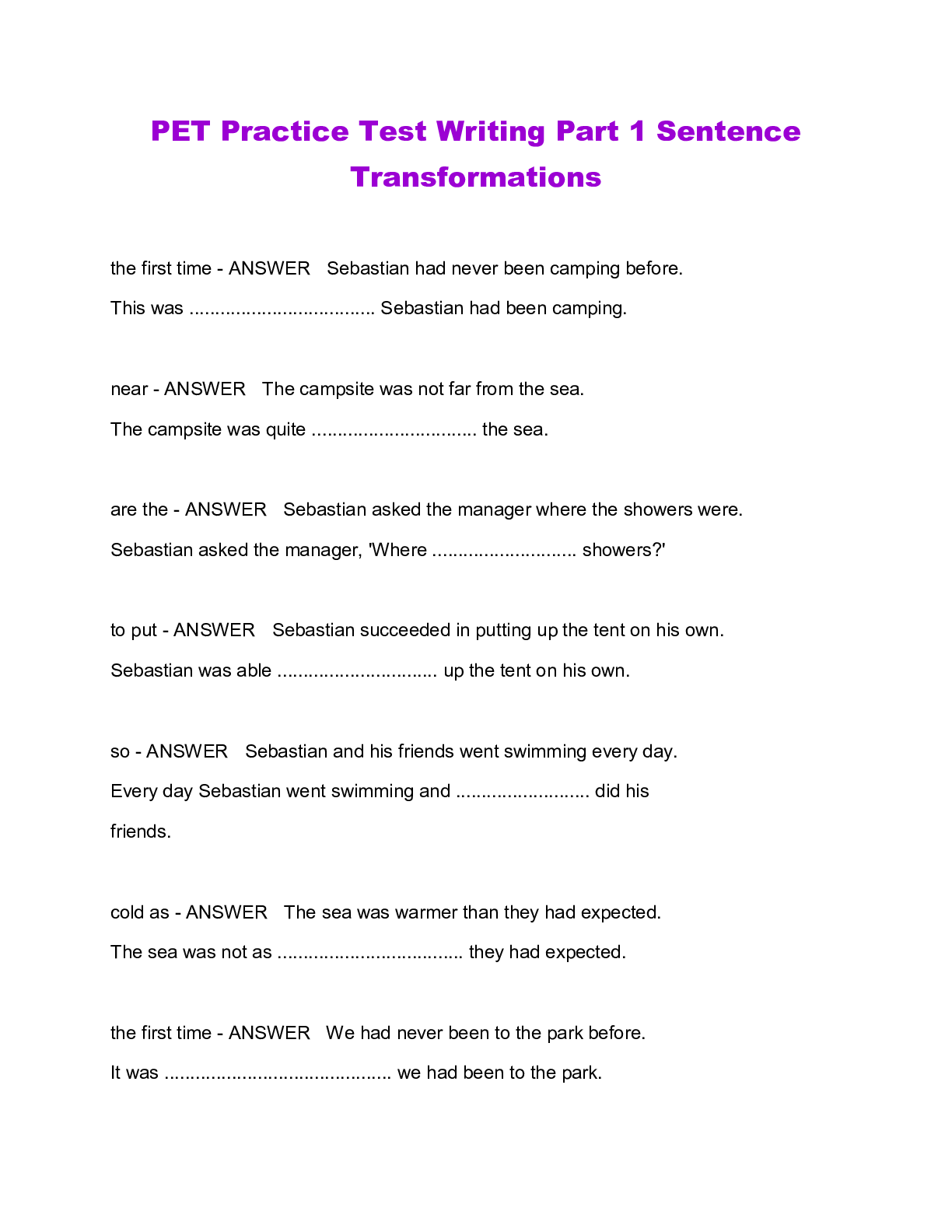 PET Practice Test Writing Part 1 Sentence Transformations - Scholarfriends