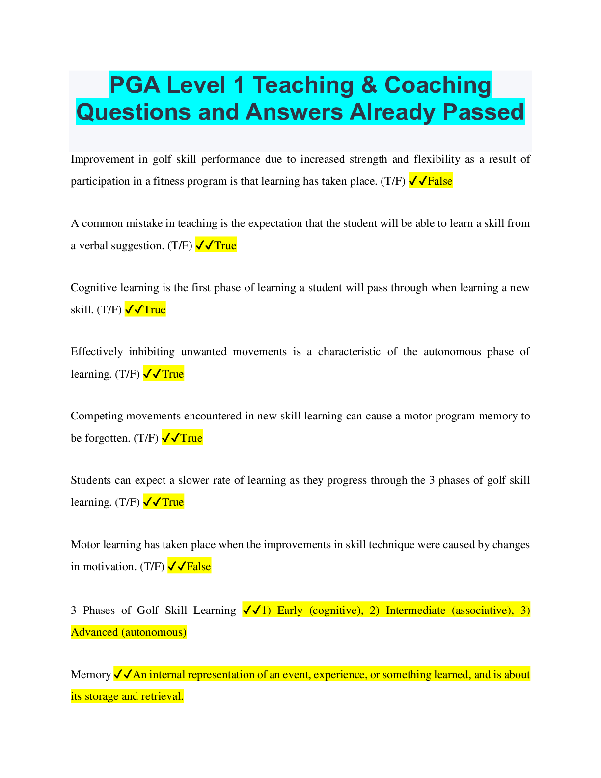 PGA Level 1 Teaching & Coaching Questions and Answers Already Passed ...