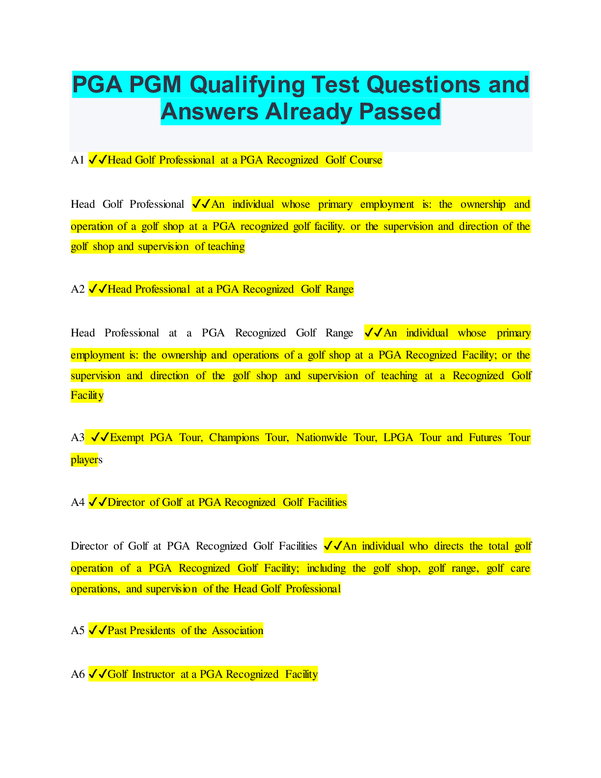 PGA PGM Qualifying Test Questions and Answers Already Passed ...