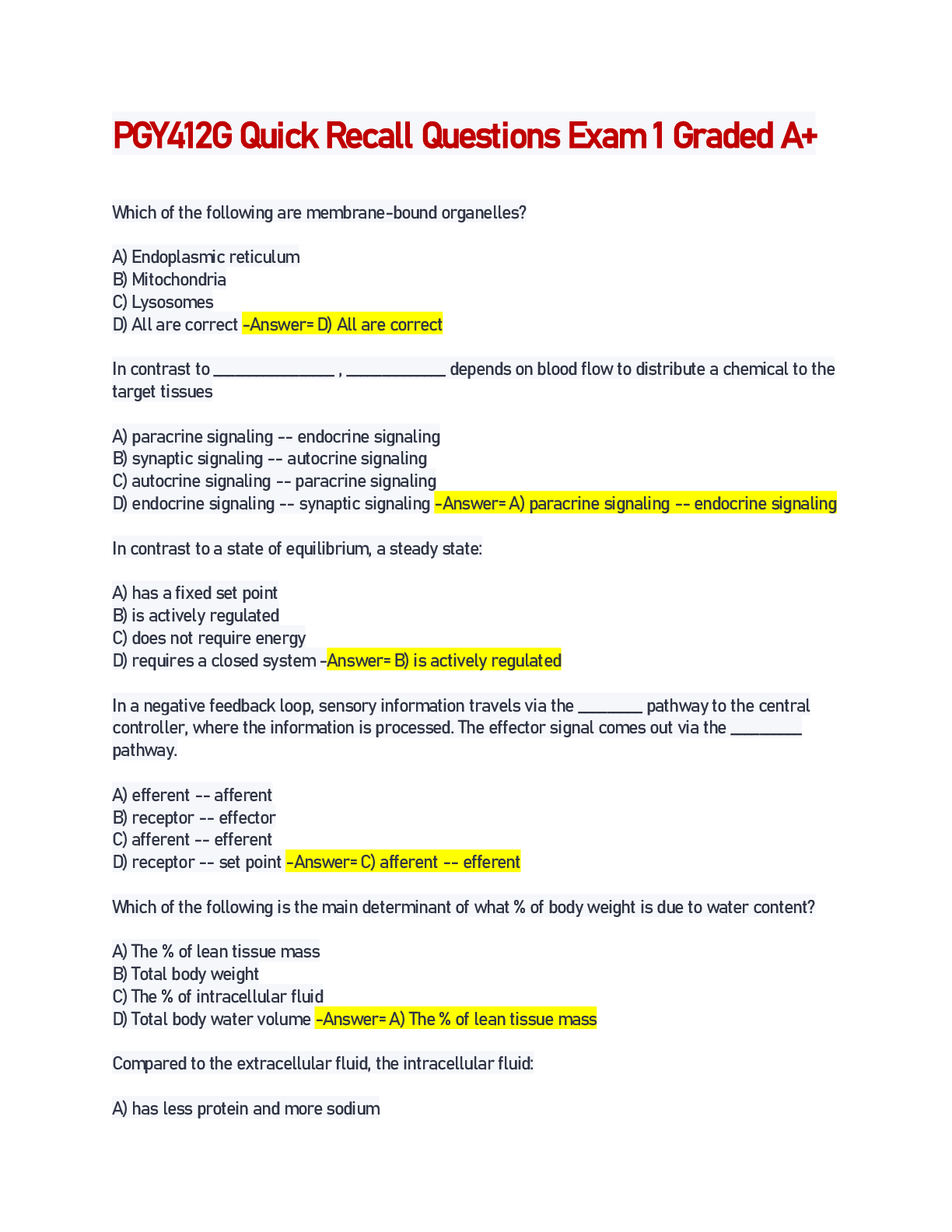 PGY412G Quick Recall Questions Exam 1 Graded A+ - Scholarfriends