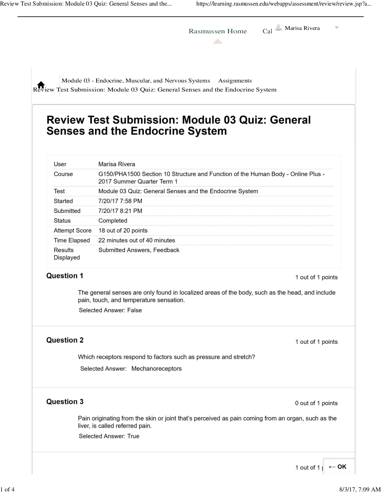 Review Test Submission Module 03 Quiz. General Senses and theEndoctrine ...