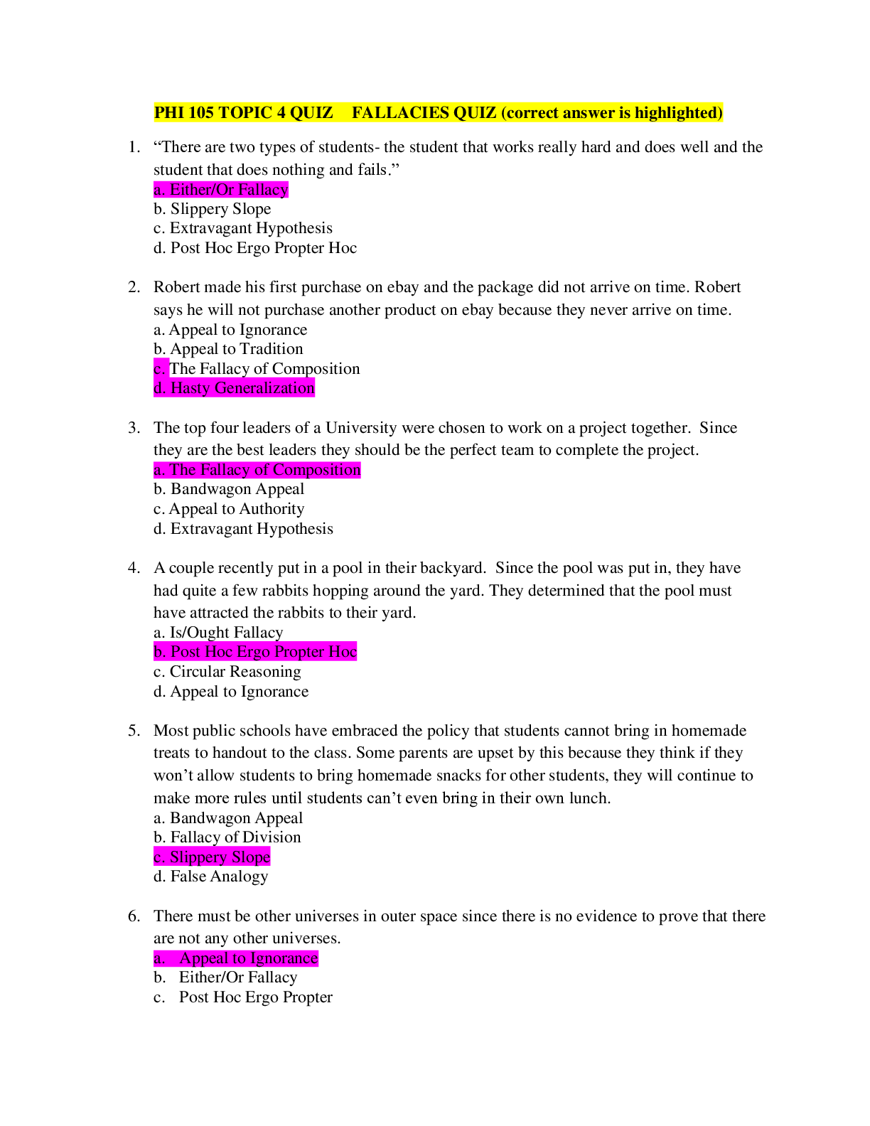 PHI 105 Topic 4 Quiz: Fallacies In Everyday Life Quiz (Version 1 ...