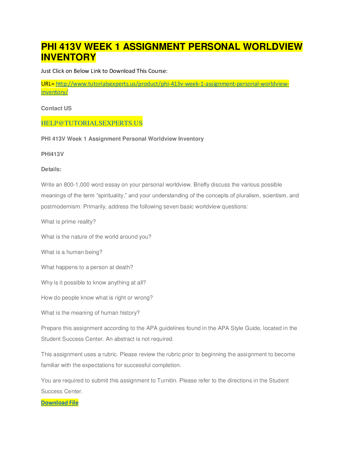 PHI 413V Topic 1 Assignment, Personal Worldview Inventory - Scholarfriends