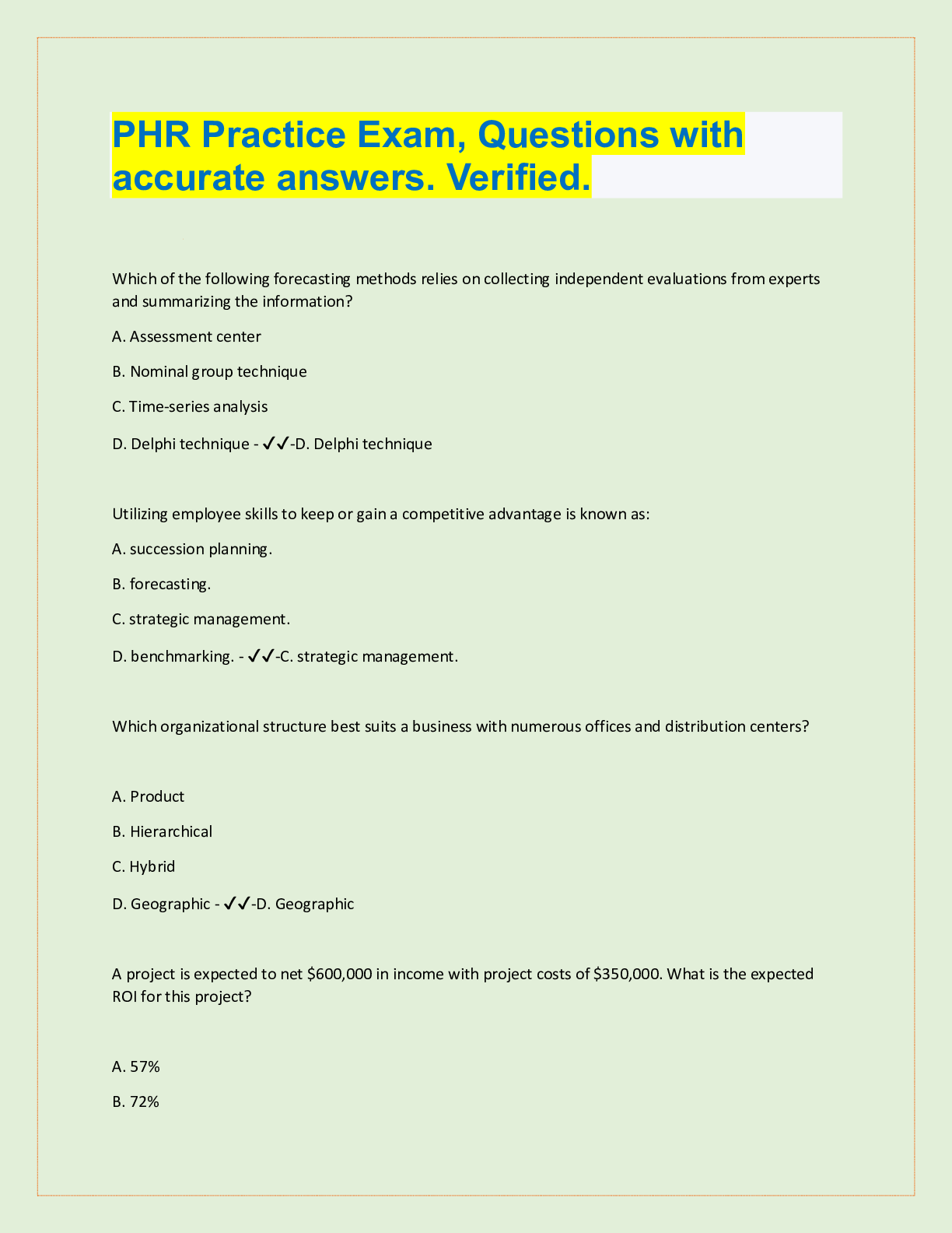 PHR Practice Exam, Questions with accurate answers. Verified ...