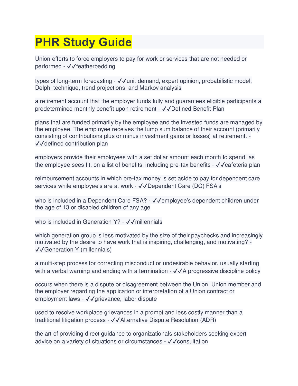 PHR Study Guide | 350 Questions with 100% Correct Answers - Scholarfriends