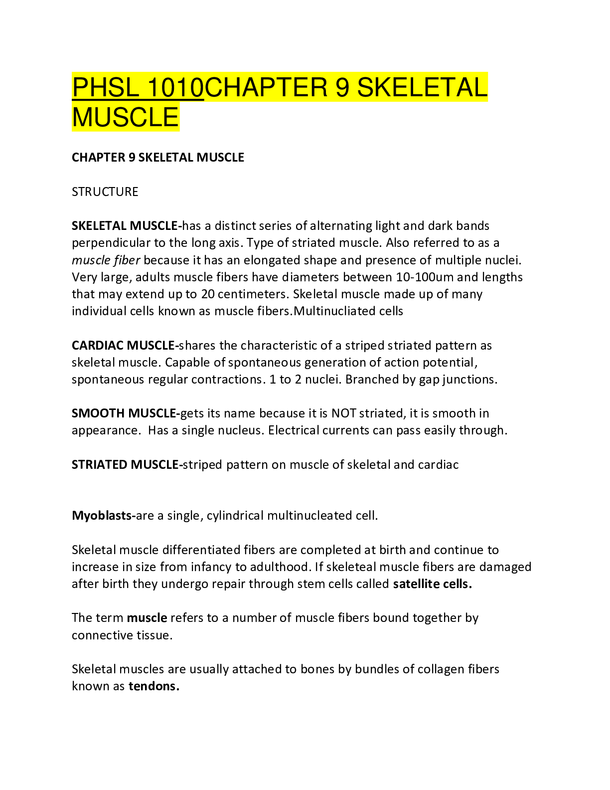PHSL 1010 Chapter 9 Skeletal Muscle study notes – Scholarfriends ...