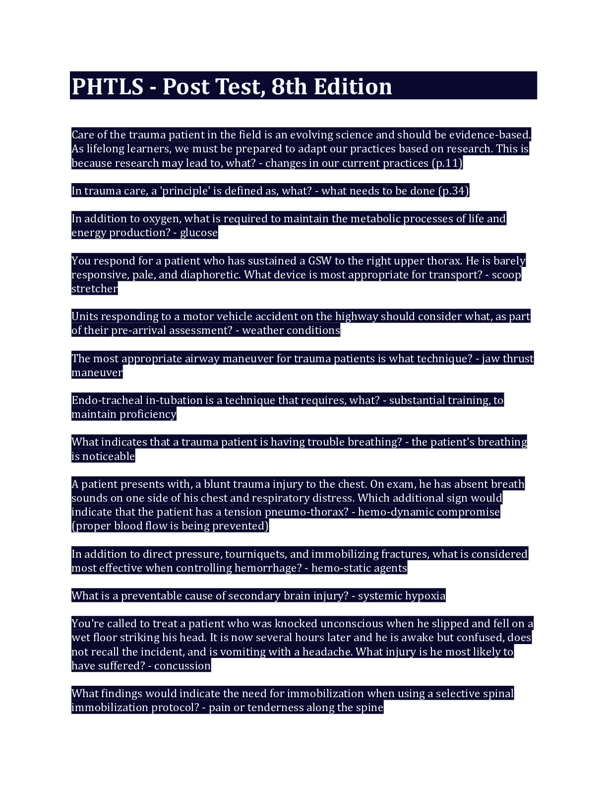 PHTLS - Post Test, 8th Edition (Complete Solutions 2023/2024) Verified ...