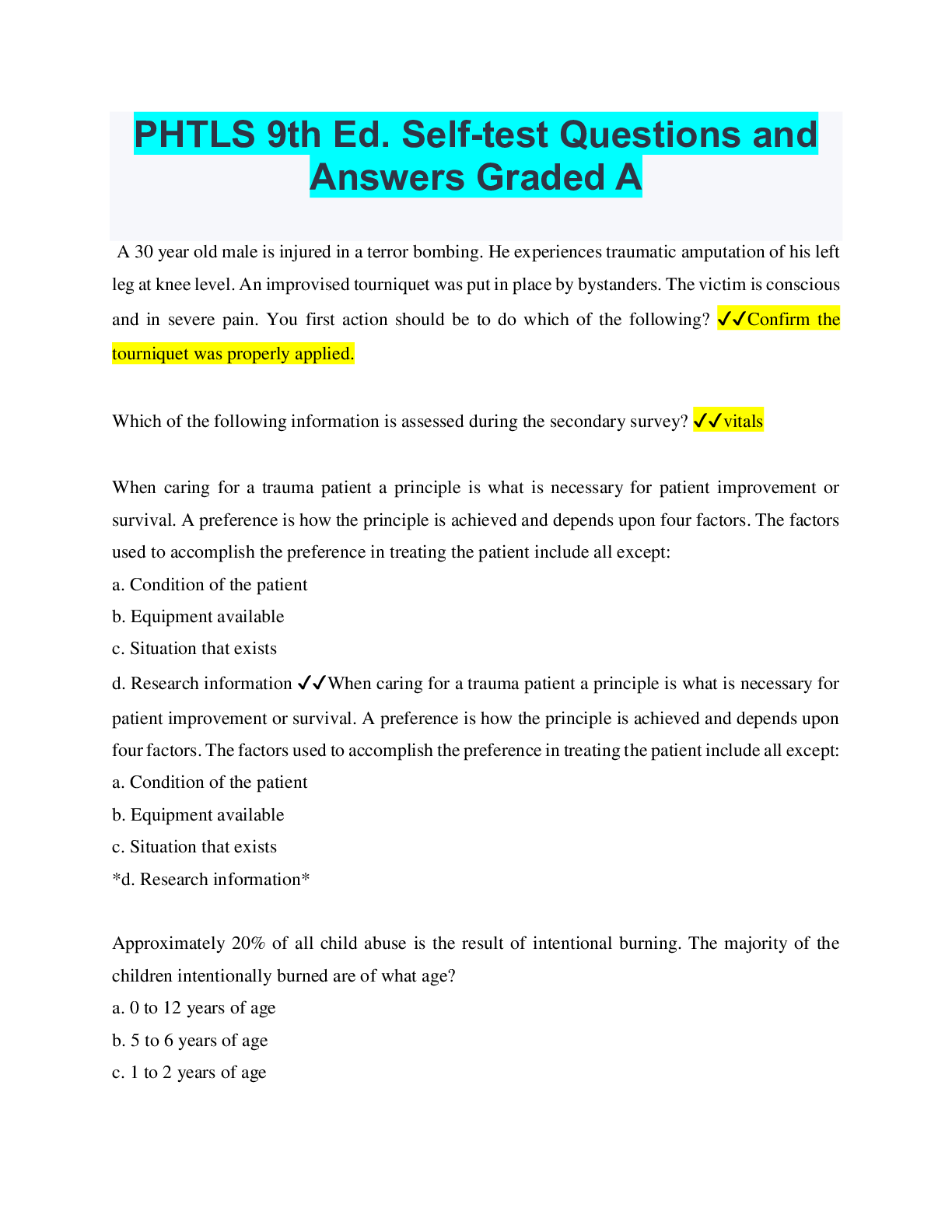 PHTLS 9th Edition. Self-test Questions and Answers| Graded A ...