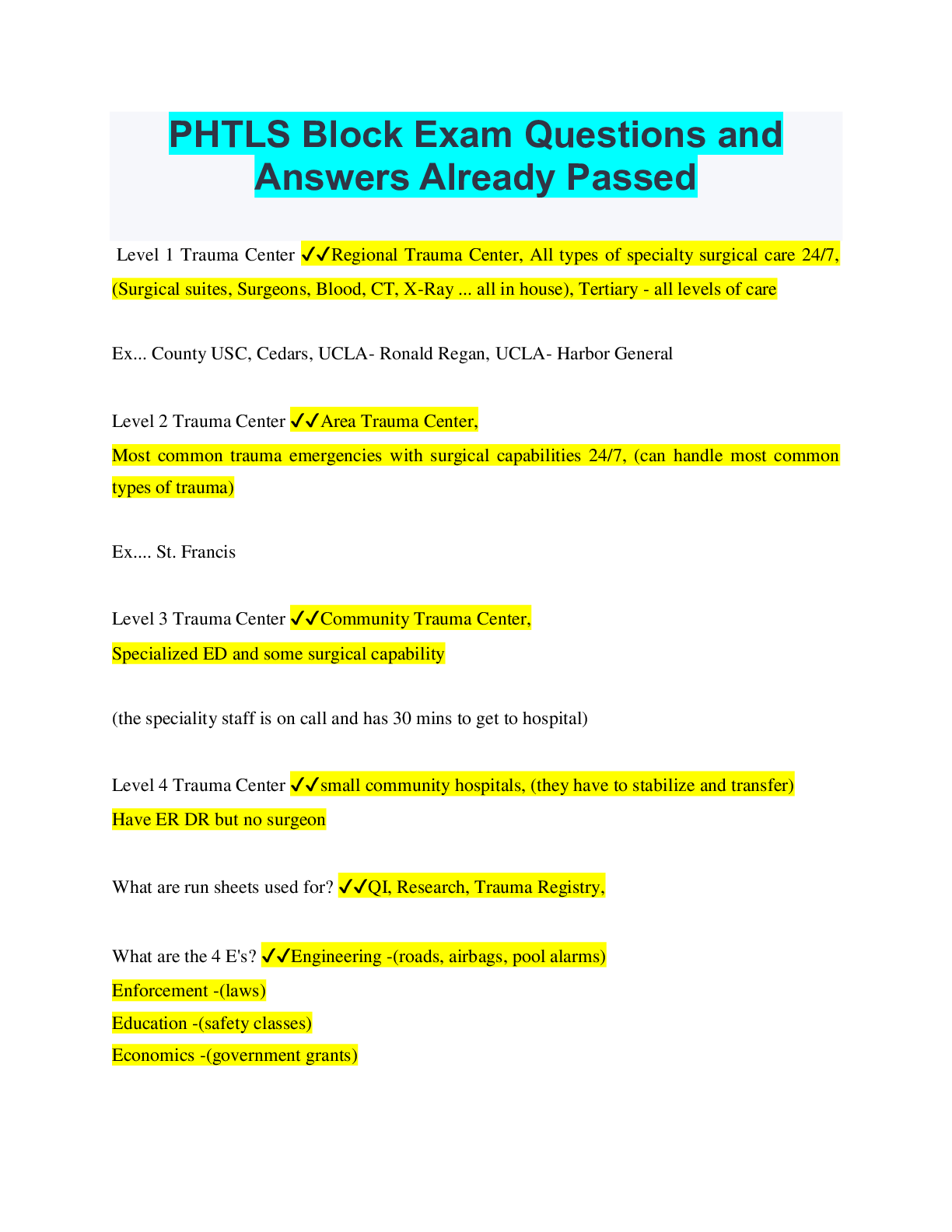 PHTLS Block Exam Questions and Answers Already Passed - Scholarfriends