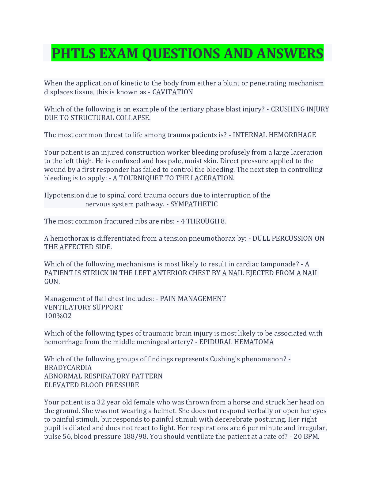 PHTLS EXAM QUESTIONS AND ANSWERS LATEST UPDATE 2022 WITH COMPLETE ...