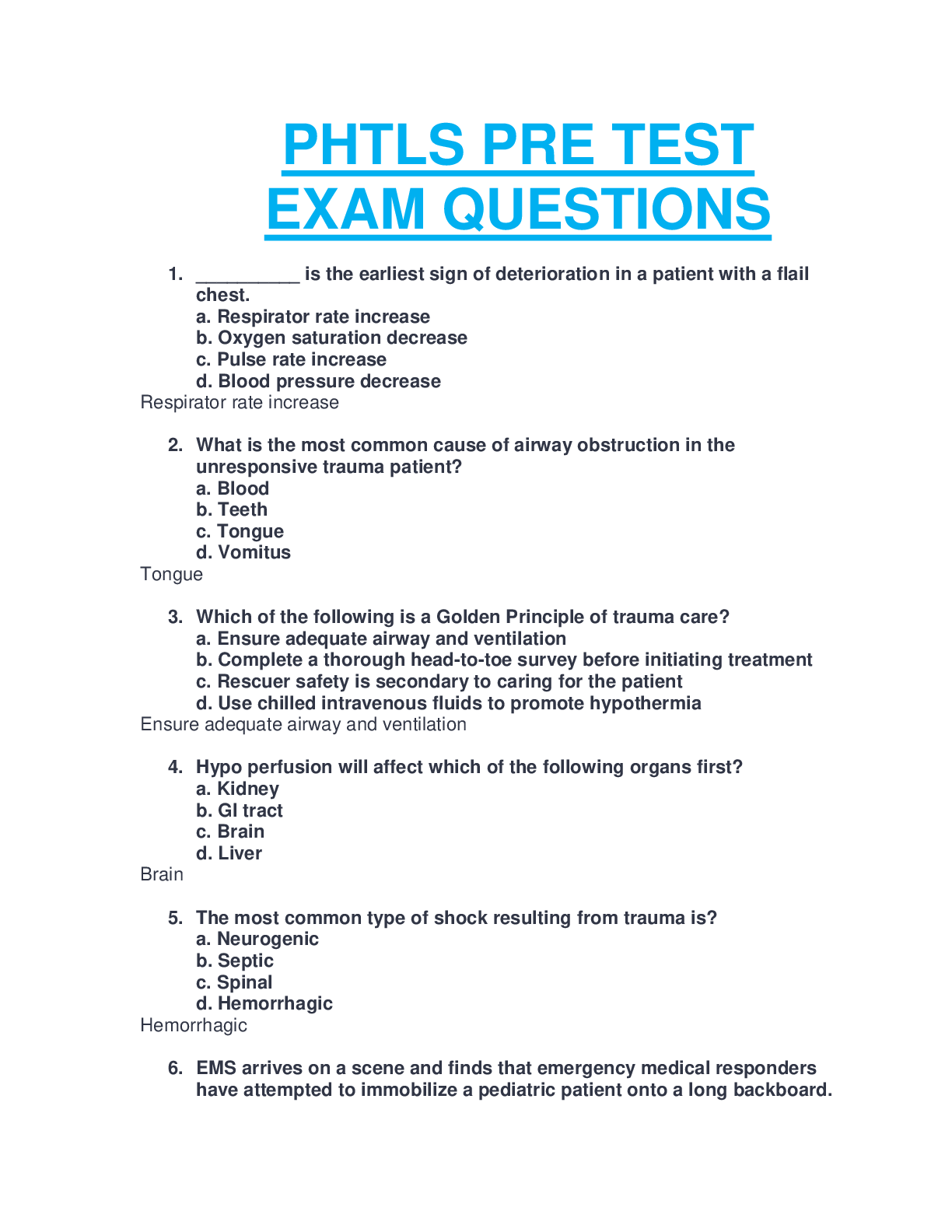 SOUTH FLORIDA COLLEGE PHTLS ACTUAL (PRE TEST )EXAM QUESTIONS WITH ...