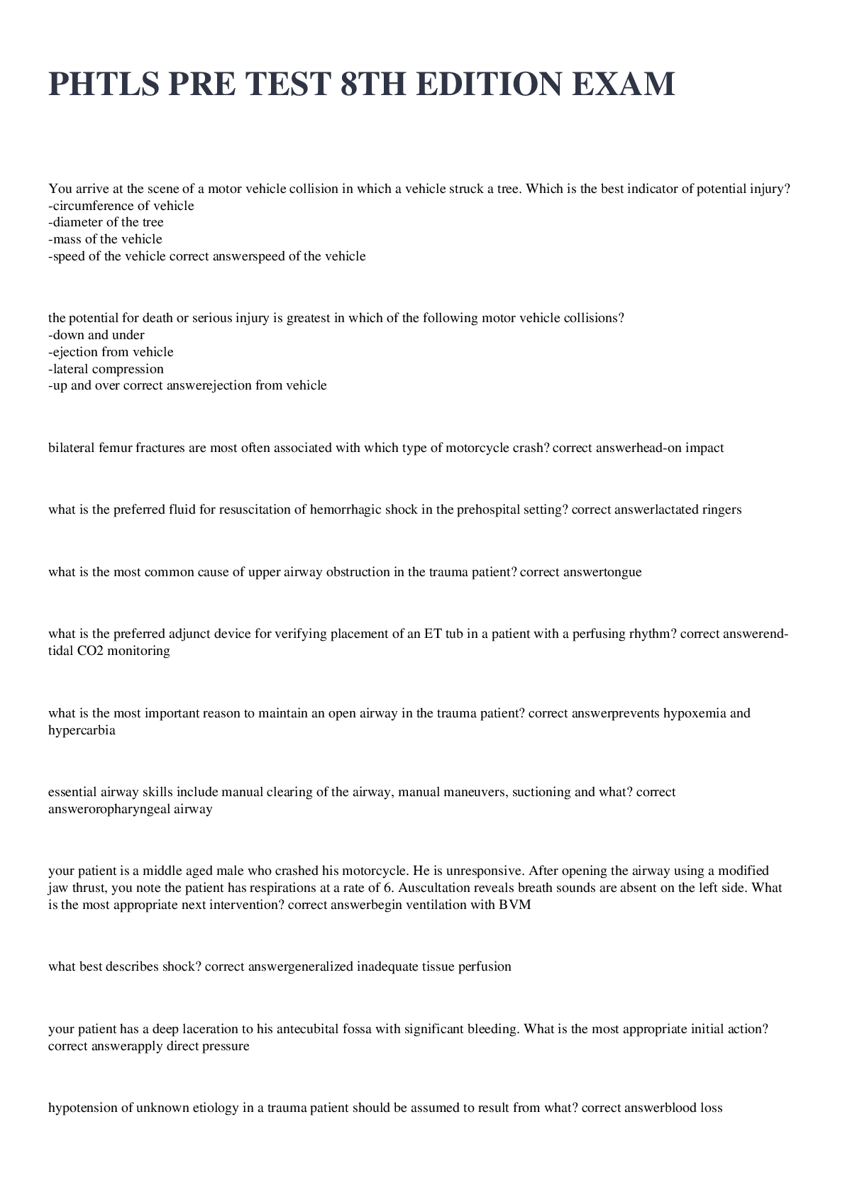 PHTLS pre test 8th edition 2022/2023 GRADED A - Scholarfriends