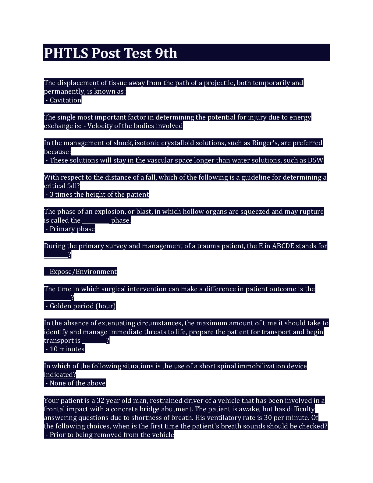 PHTLS Post Test 9th/75 Questions and Answers/ 2022/100% Verified ...