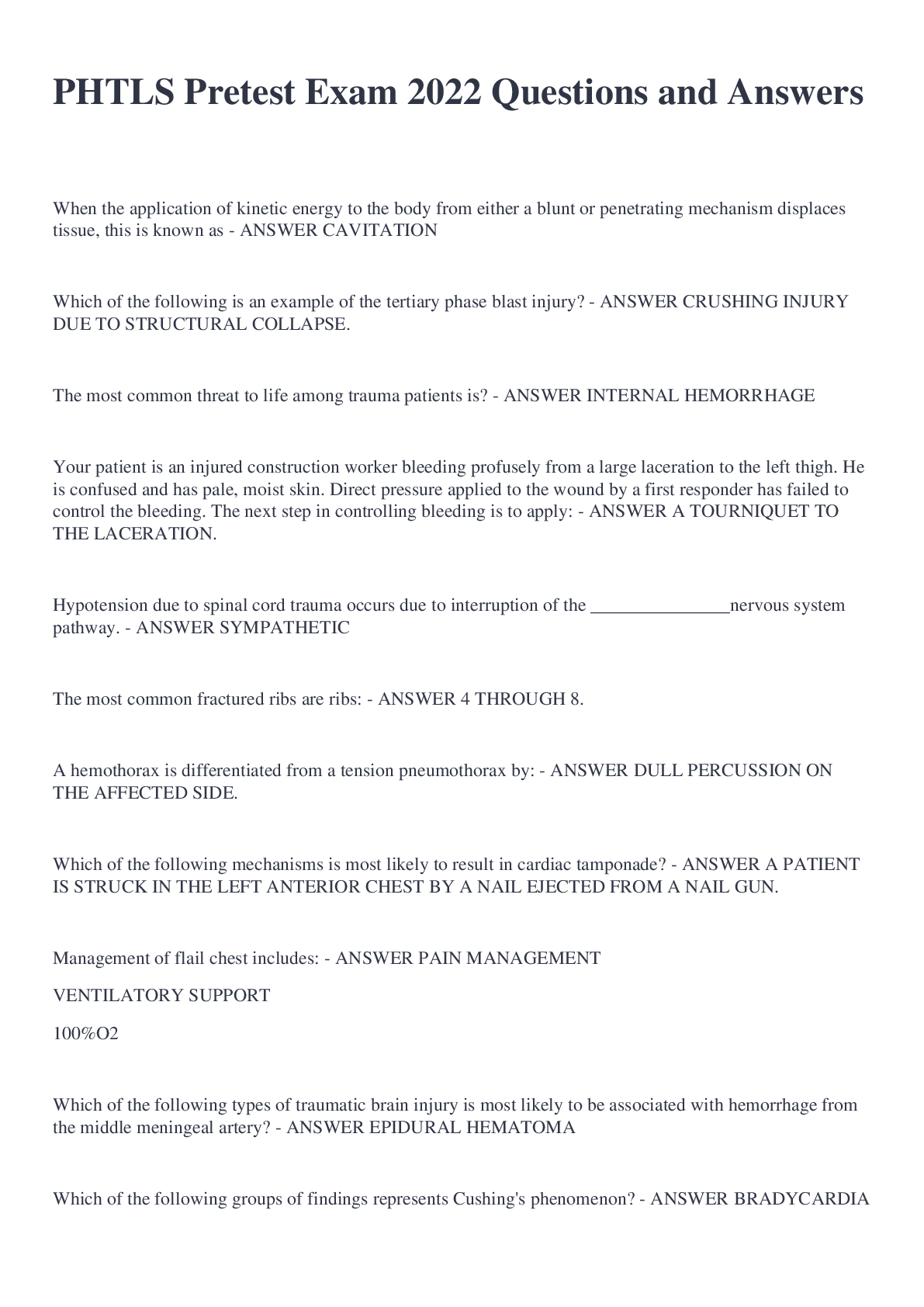 PHTLS Pretest Exam 2022 Questions and Answers – Scholarfriends ...