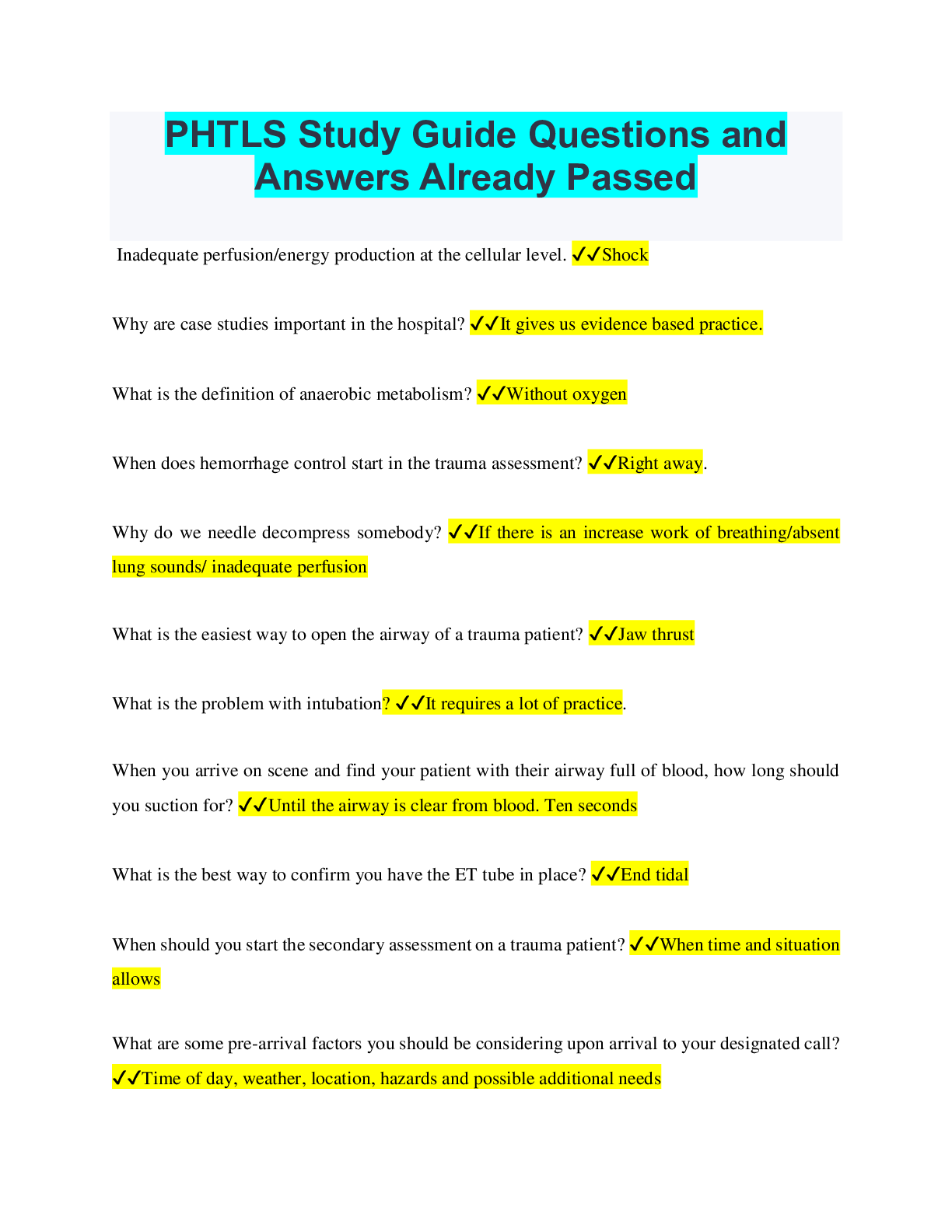 PHTLS Study Guide Questions and Answers Already Passed - Scholarfriends