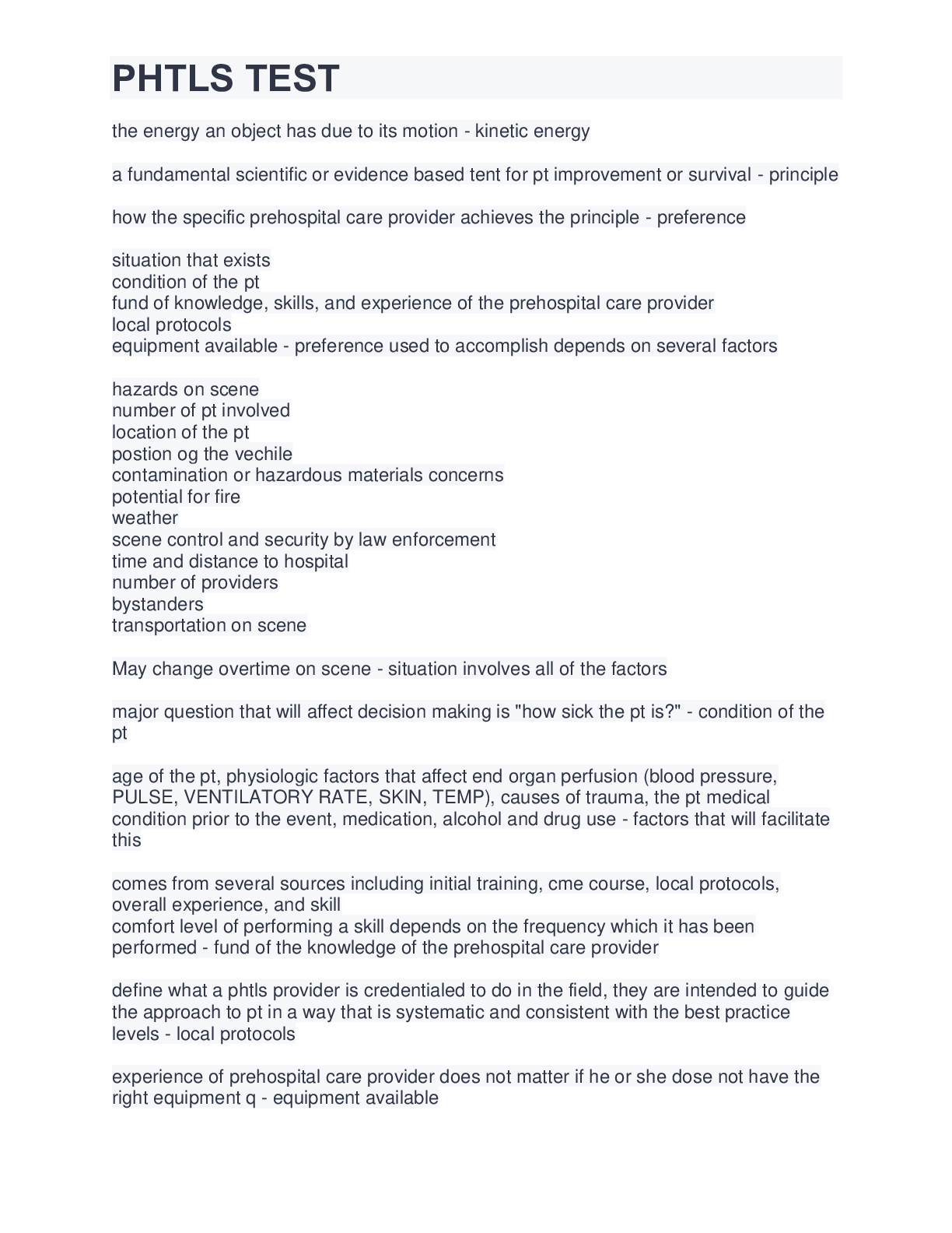 PHTLS TEST (84 QUESTIONS) WITH COMPLETE SOLUTIONS - Scholarfriends