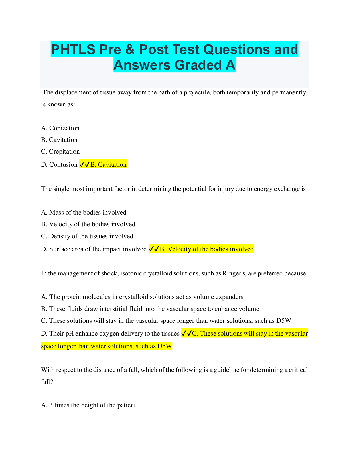 PHTLS Pre & Post Test Questions and Answers Graded A - Scholarfriends
