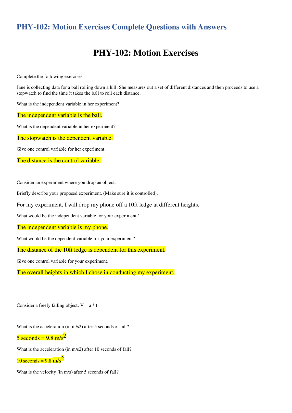 PHY-102:Motion Exercises Complete Questions with Answers - Scholarfriends