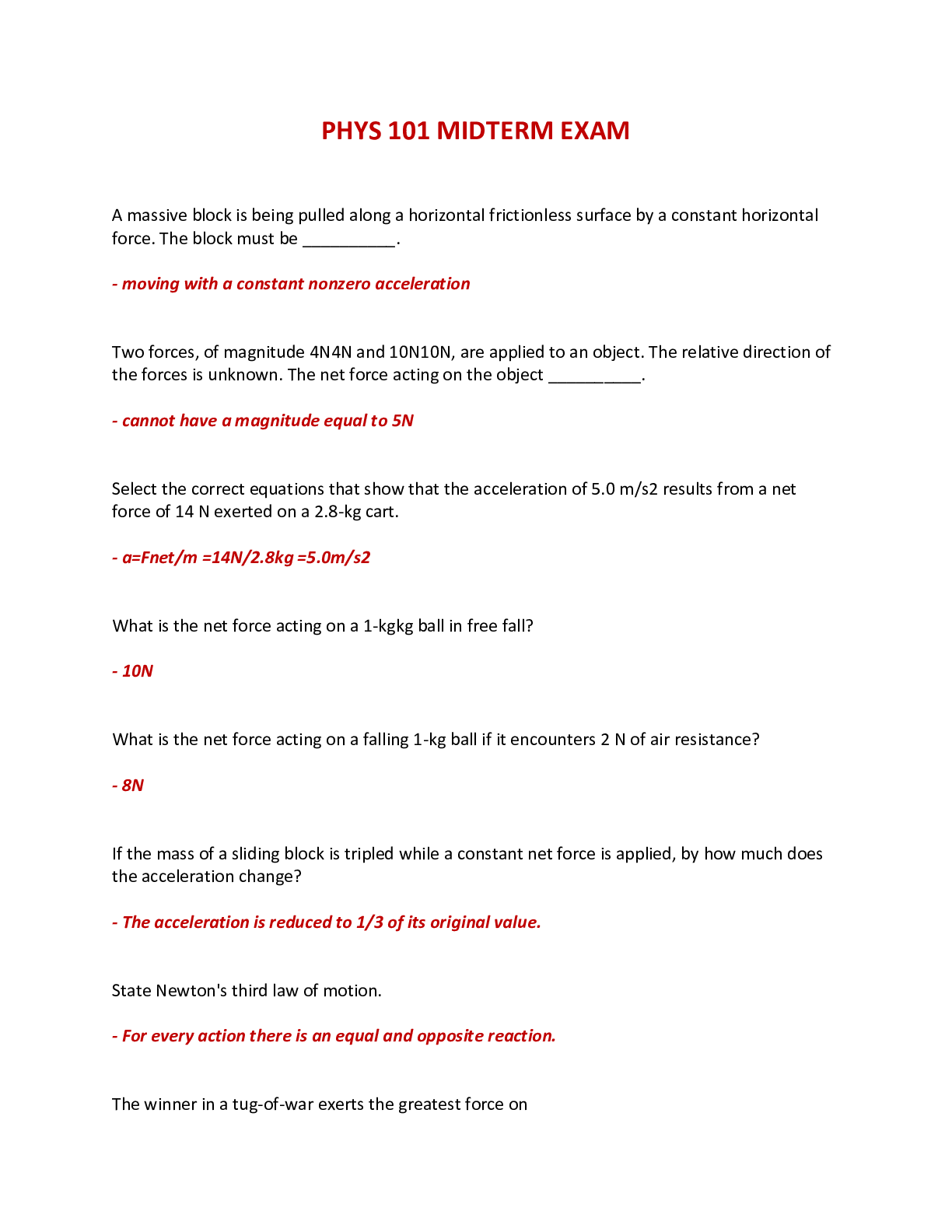 PHYSICS 101 / PHYS 101 MIDTERM EXAM - QUESTIONS & ANSWERS, SPRING 2022 ...