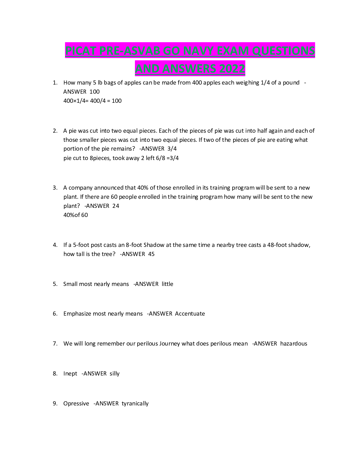 PICAT PRE-ASVAB GO NAVY EXAM QUESTIONS AND ANSWERS 2022 - Scholarfriends