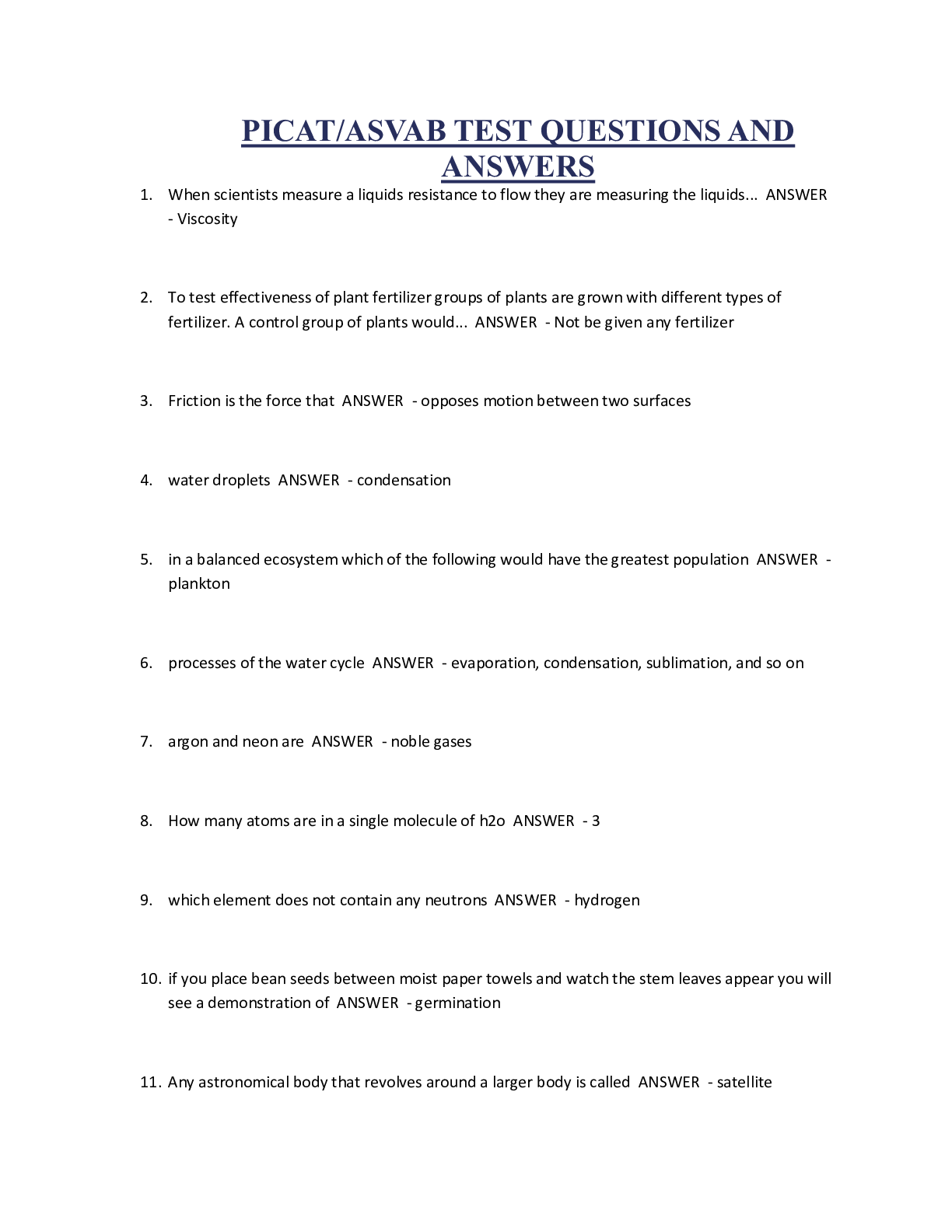 PICAT/ASVAB EXAM QUESTIONS AND ANSWERS LNEWLY UPDATED GUIDE ...