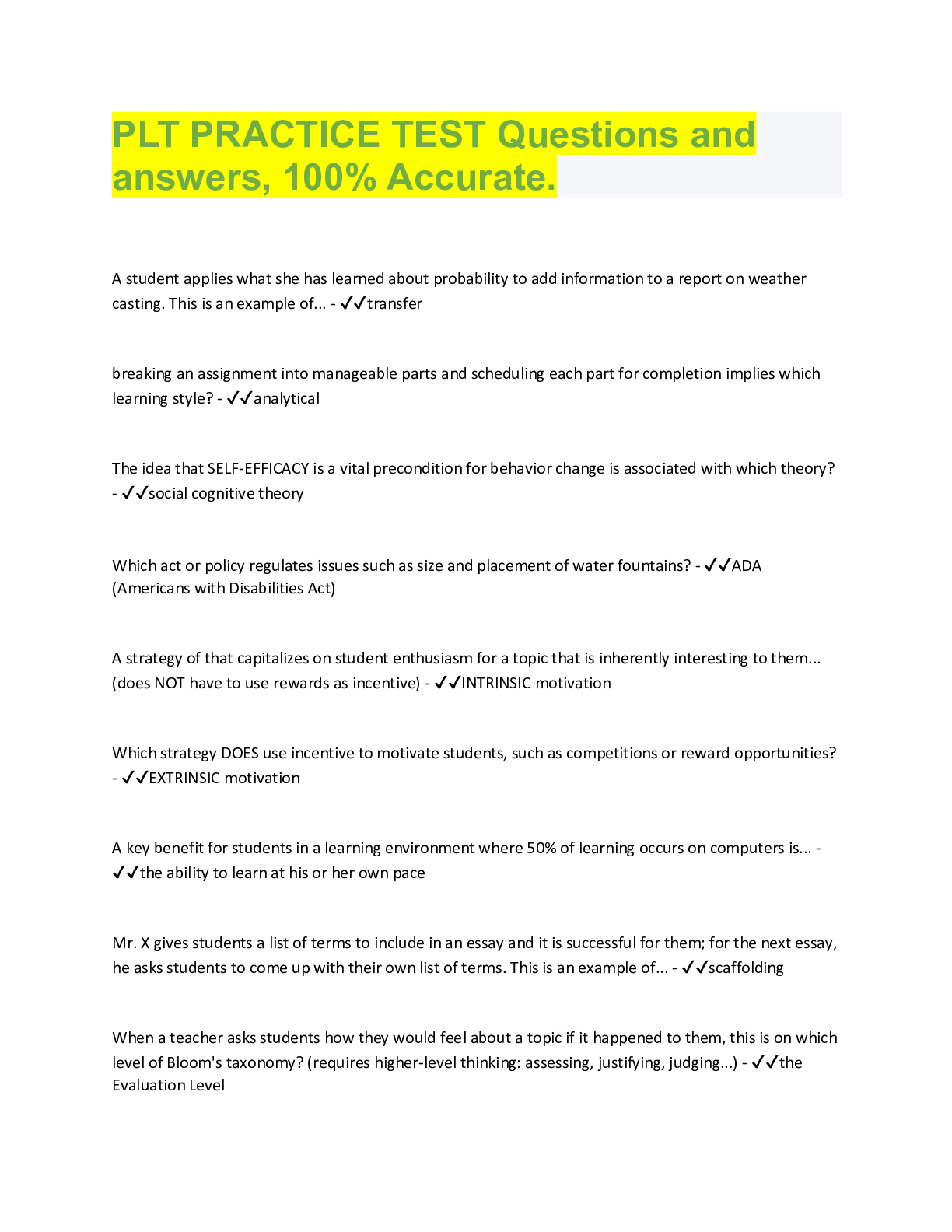 PLT PRACTICE TEST Questions and answers, 100% Accurate. A student ...