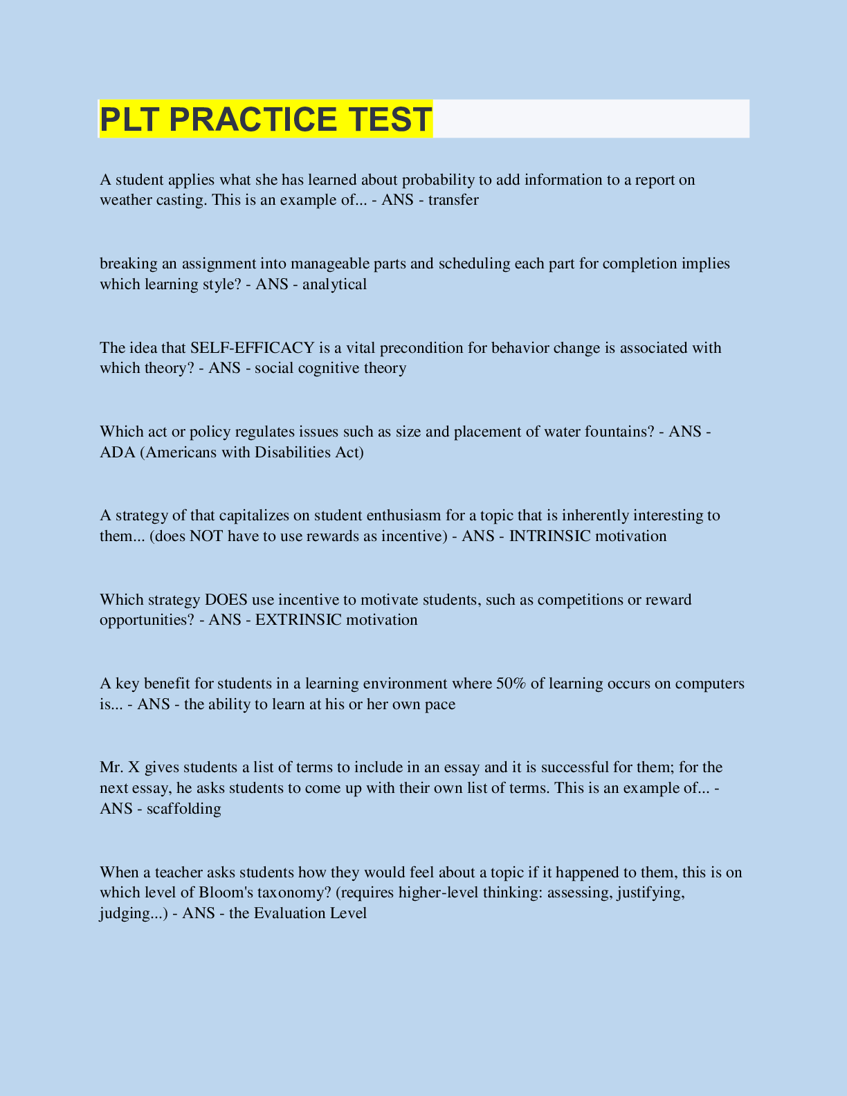 PLT PRACTICE TEST - Scholarfriends