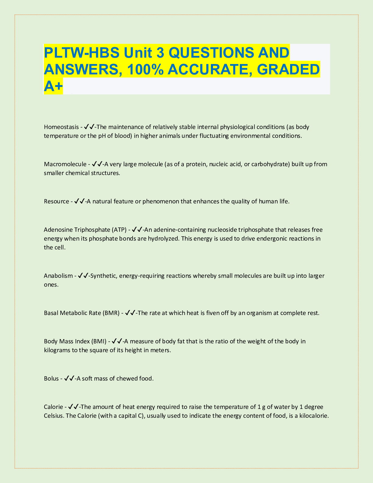 PLTW-HBS Unit 3 QUESTIONS AND ANSWERS, 100% ACCURATE, GRADED A+ ...