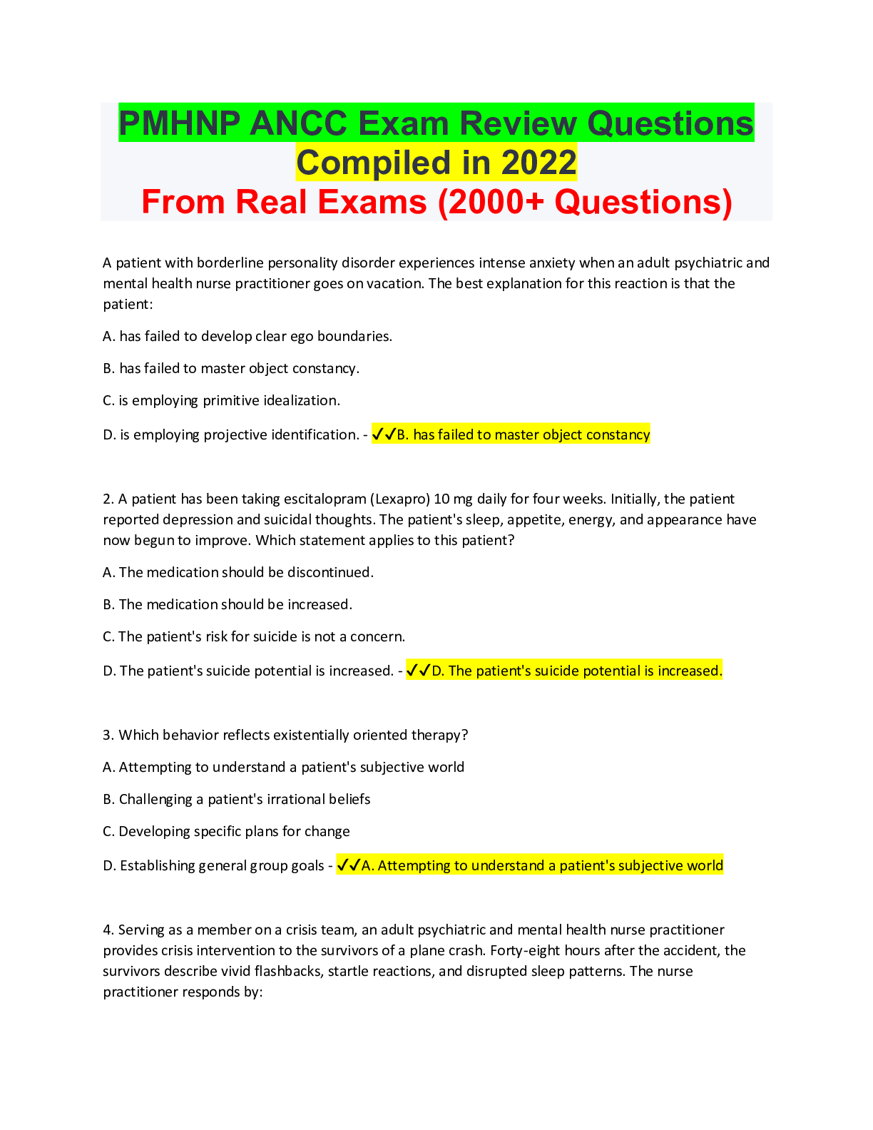PMHNP ANCC Exam Review Questions Compiled in 2022 From Real Exams (2000 ...