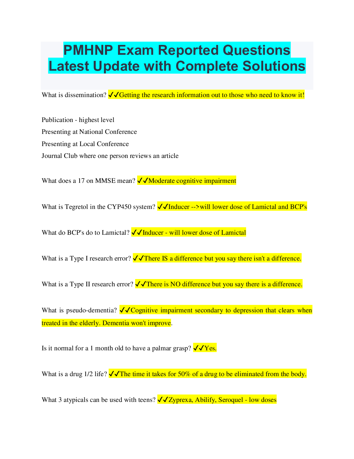 PMHNP Exam Reported Questions Latest Update with Complete Solutions ...