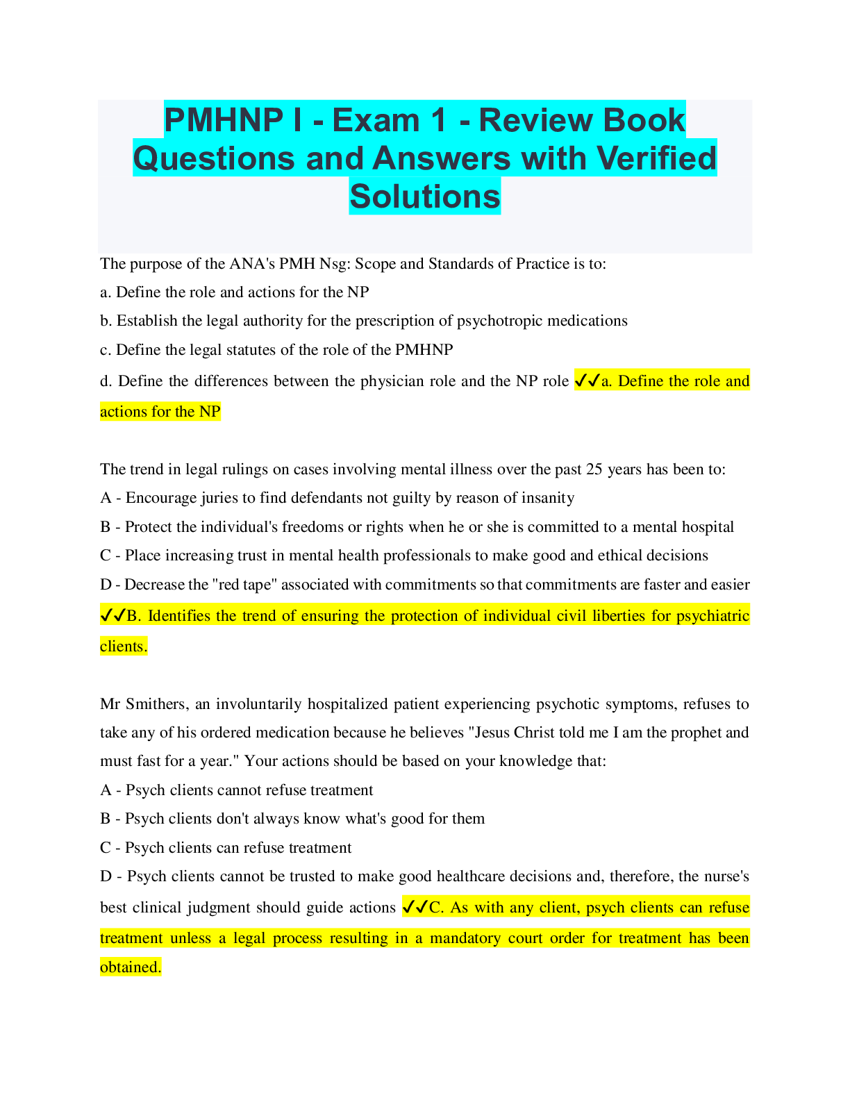 PMHNP I - Exam 1 - Review Book Questions and Answers with Verified ...