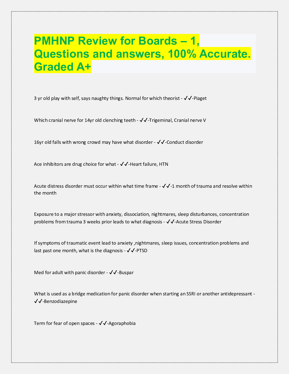 PMHNP Review for Boards – 1, Questions and answers, 100% Accurate ...