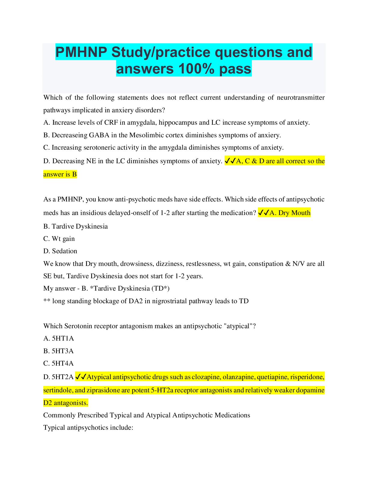 PMHNP Study/practice questions and answers 100% pass - Scholarfriends