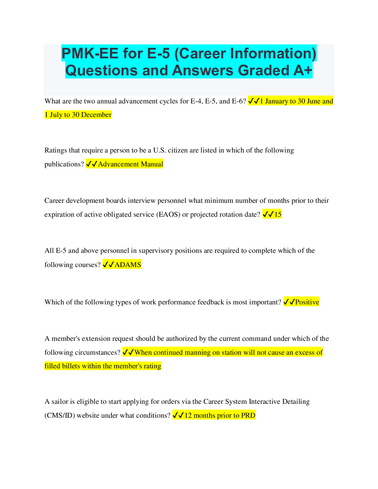 PMK-EE for E-5 (Career Information) Questions and Answers Graded A+ ...