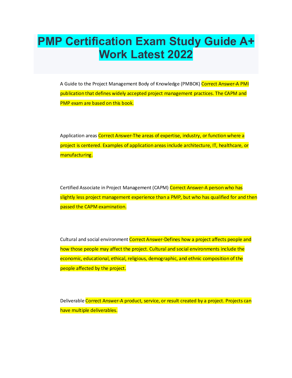 PMP Certification Exam Study Guide A+ Work Latest 2022 – Scholarfriends ...
