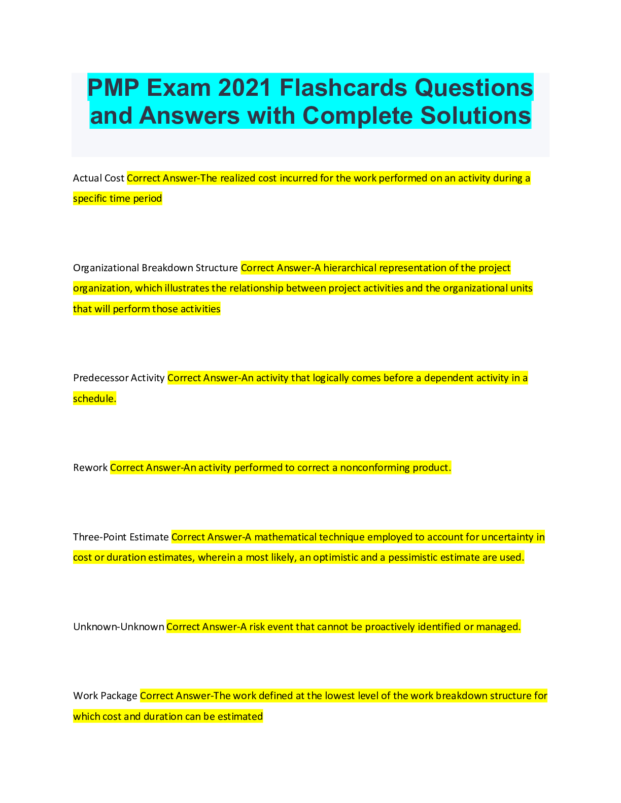 PMP Exam 2021 Flashcards Questions and Answers with Complete Solutions ...