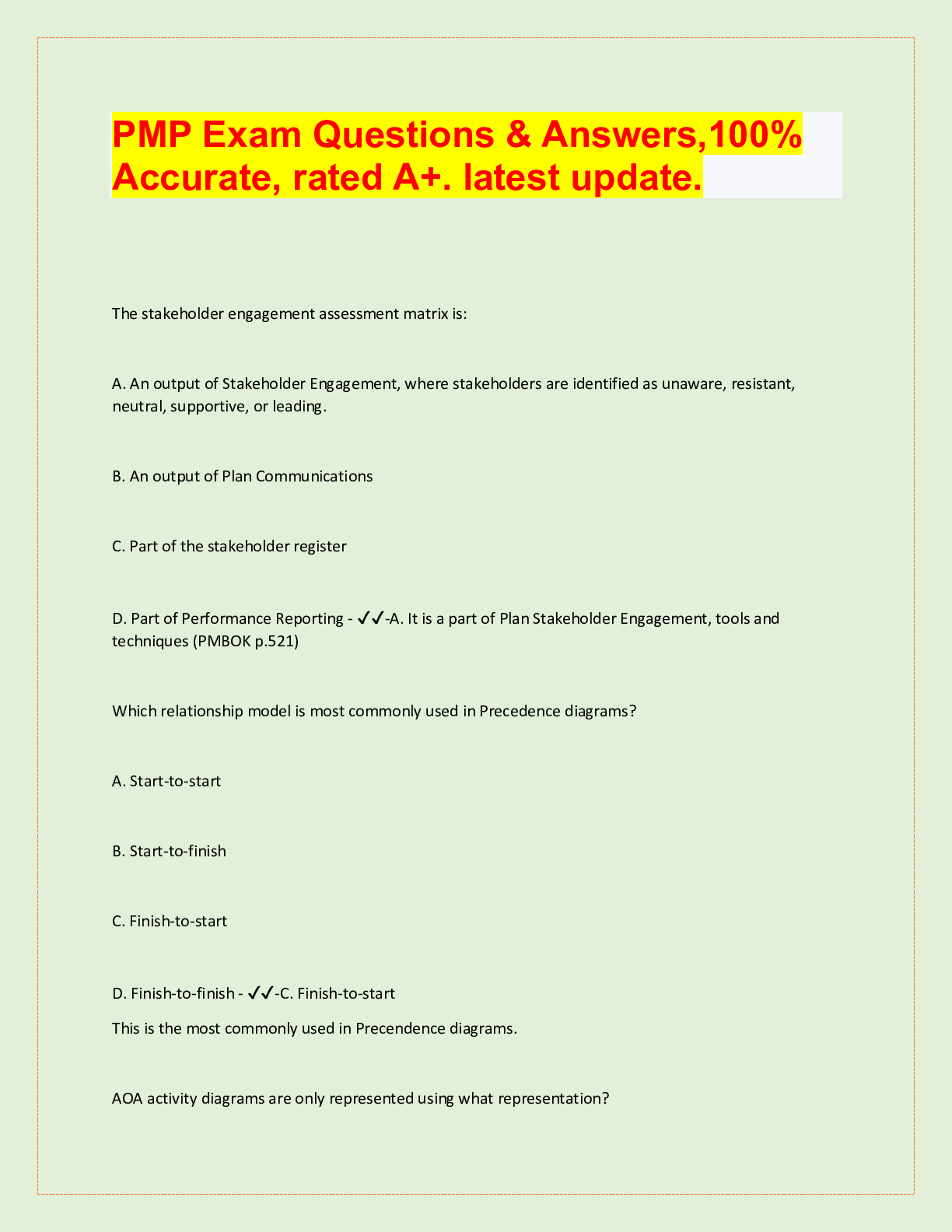PMP Exam Questions & Answers,100% Accurate, rated A+. latest update ...