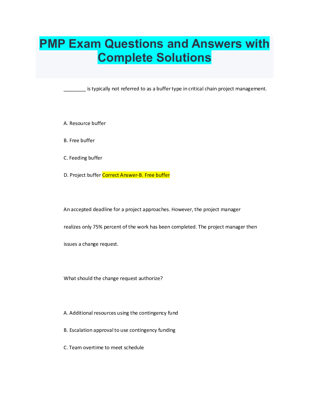 PMP Exam Questions and Answers with Complete Solutions - Scholarfriends