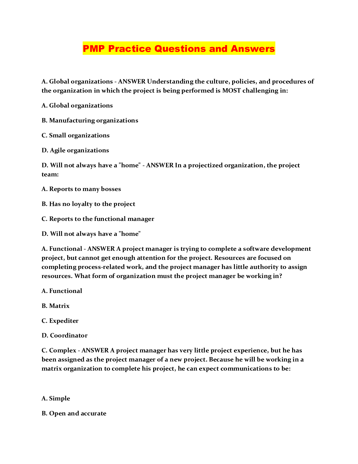 PMP Practice Questions and Answers - Scholarfriends