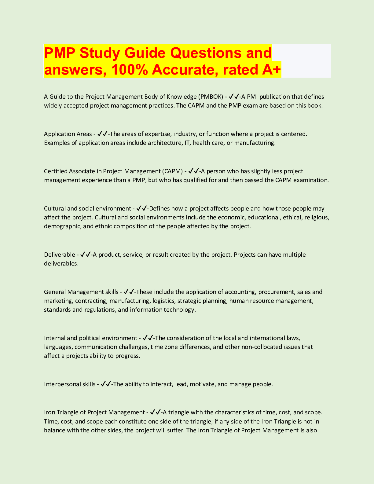PMP Study Guide Questions and answers, 100% Accurate, rated A ...