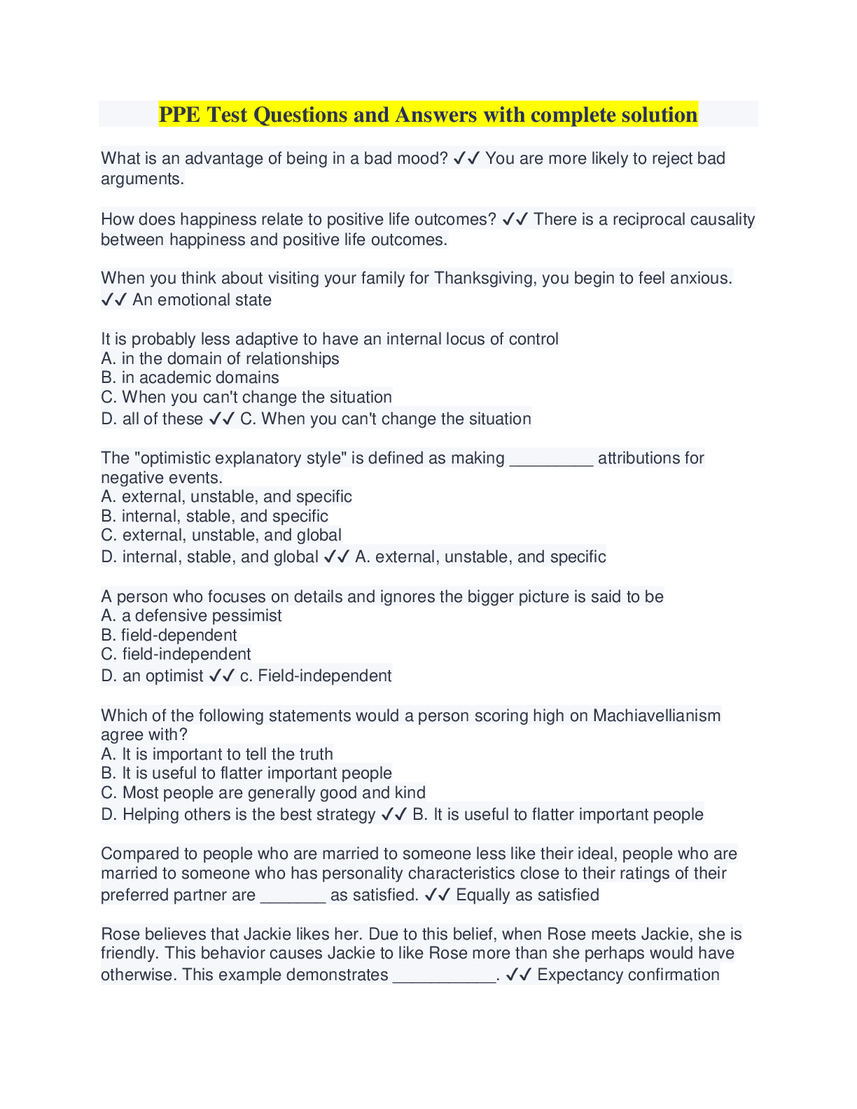 PPE Test Questions and Answers with complete solution - Scholarfriends