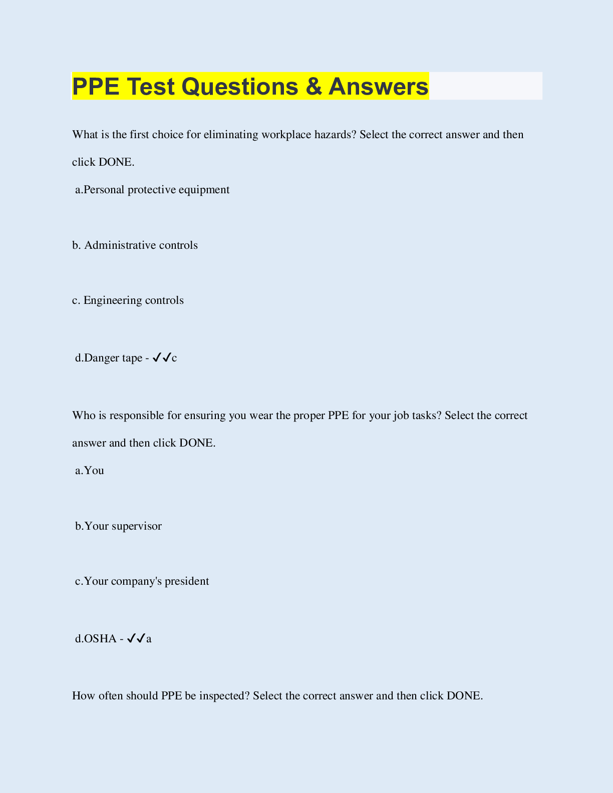 PPE Test Questions & Answers | 40 Questions with 100% Correct Answers ...