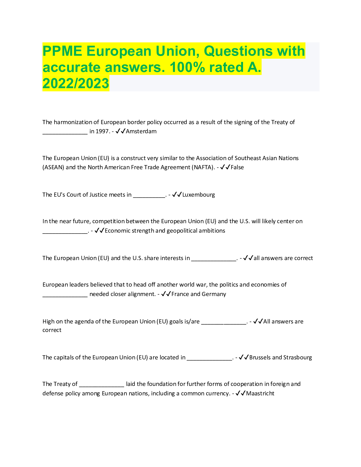 PPME European Union, Questions with accurate answers. 100% rated A ...