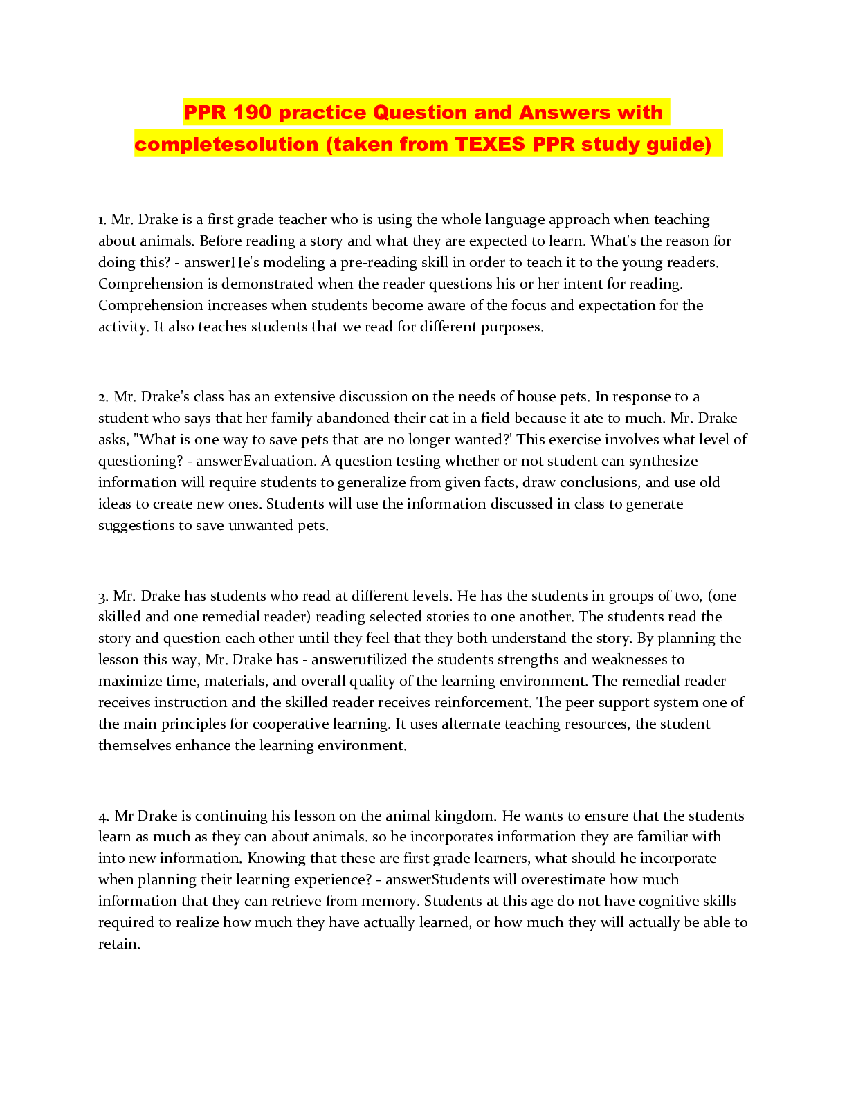 PPR 190 practice Question and Answers with completesolution (taken from ...