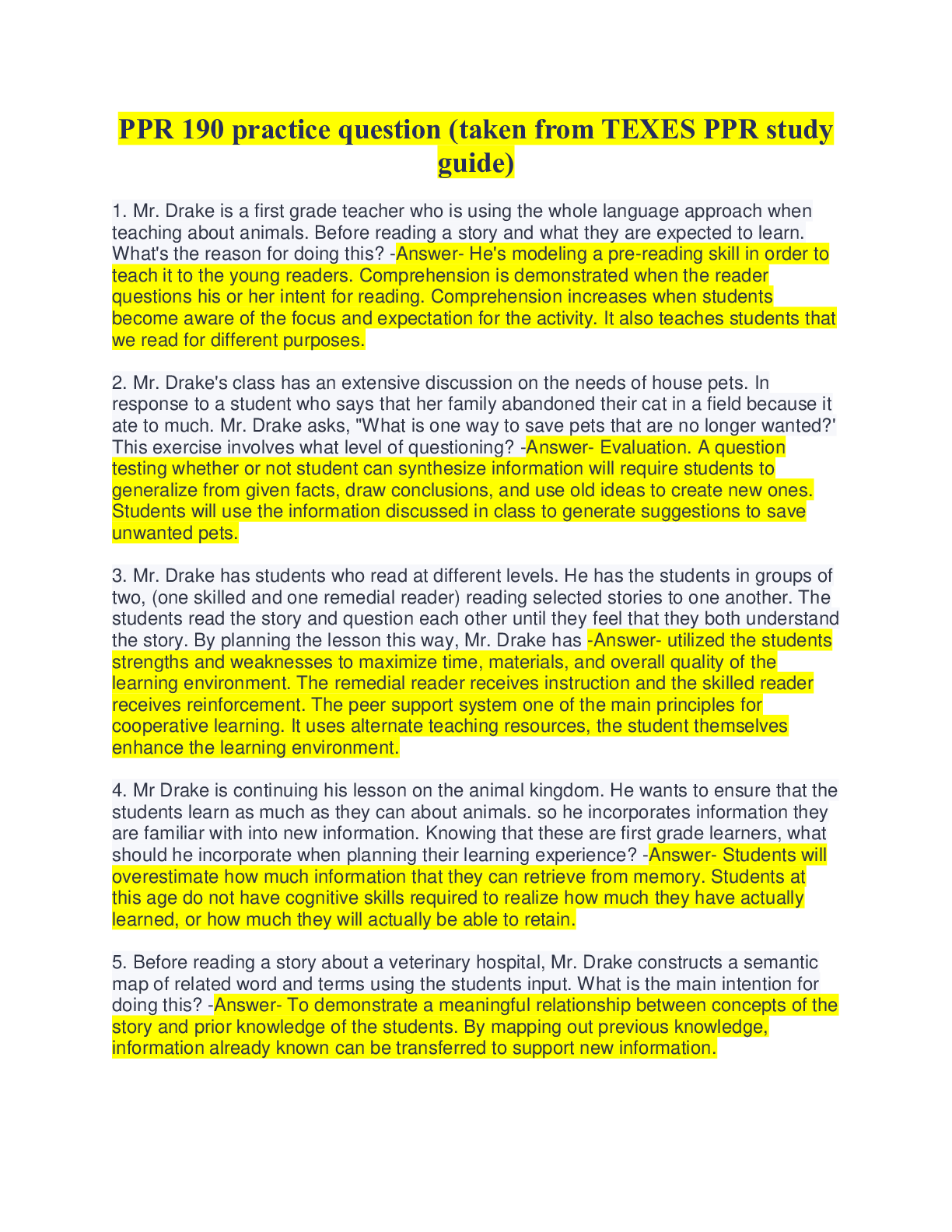 PPR 190 practice question (taken from TEXES PPR study guide) PPR Review ...