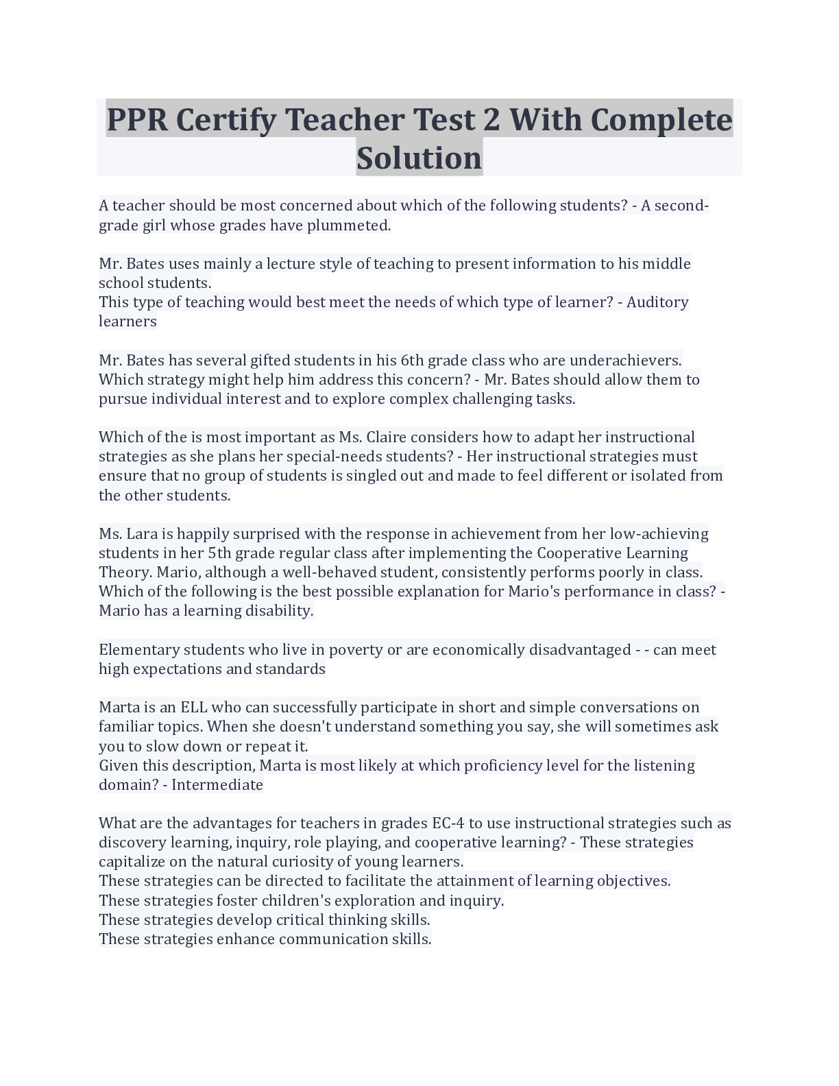 PPR Certify Teacher Test 2 With Complete Solution - Scholarfriends