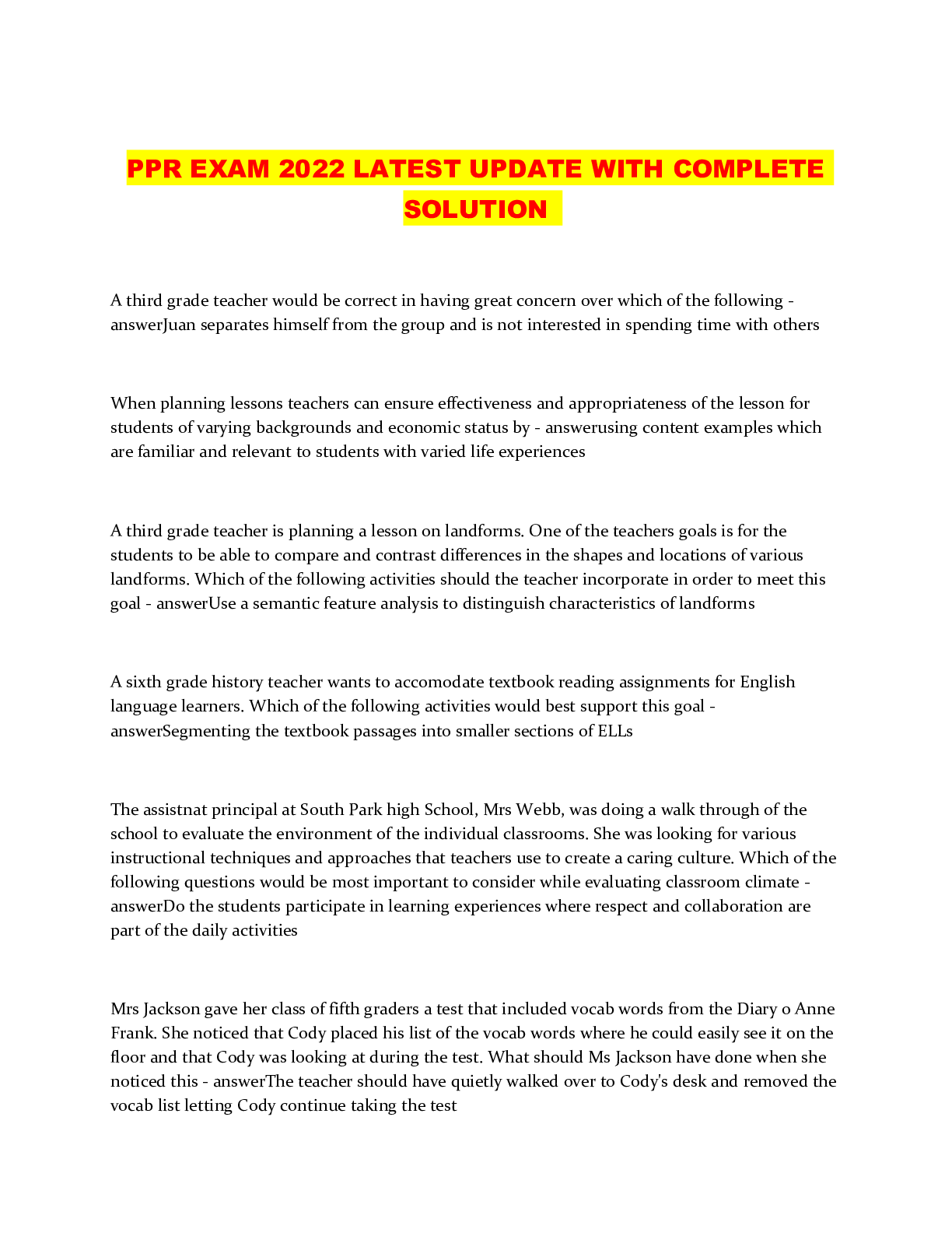 PPR EXAM 2022 LATEST UPDATE WITH COMPLETE SOLUTION - Scholarfriends