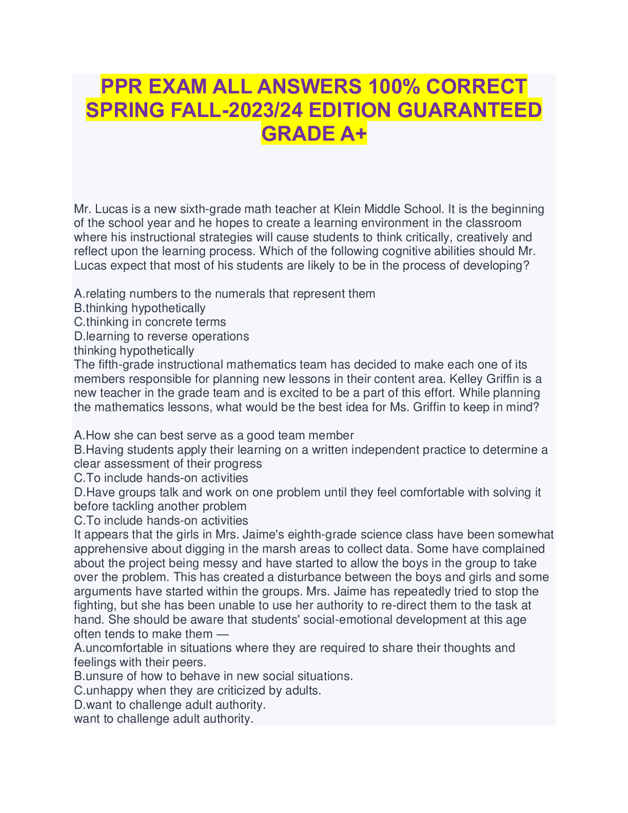 PPR EXAM ALL ANSWERS 100% CORRECT SPRING FALL-2023/24 EDITION ...