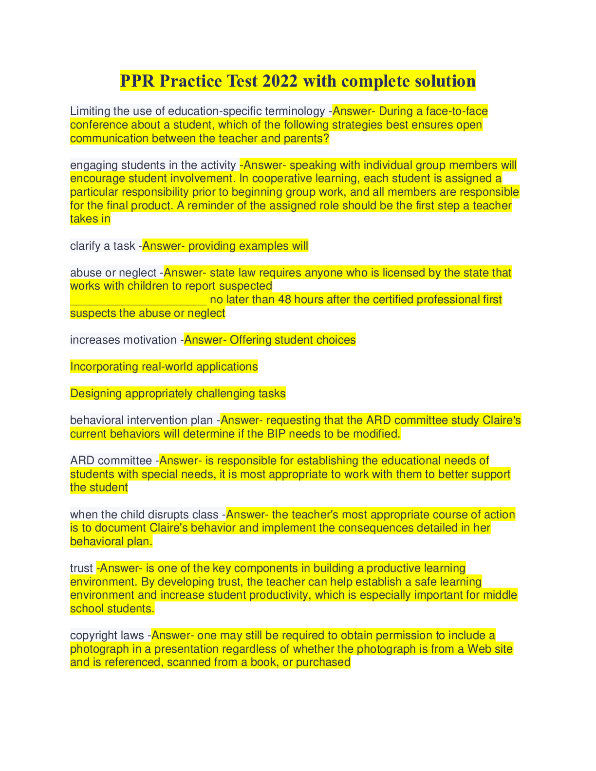 PPR Practice Test 2022 with complete solution - Scholarfriends