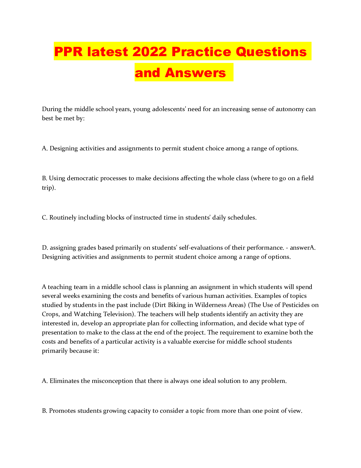 PPR latest 2022 Practice Questions and Answers - Scholarfriends